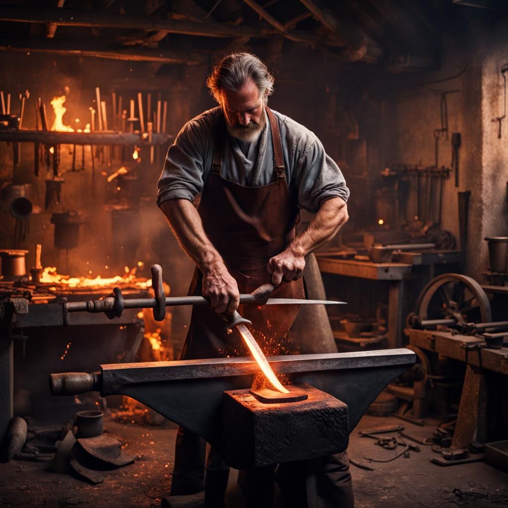 Old blacksmith forging a sword - AI Generated Artwork - NightCafe Creator