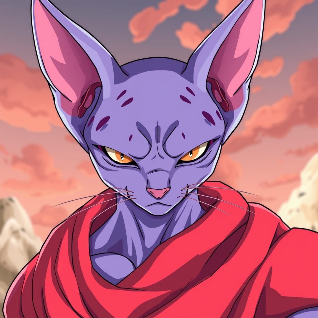 Ethereal Beerus Sits with a Sphinx Cat in a Vibran... - AI Art