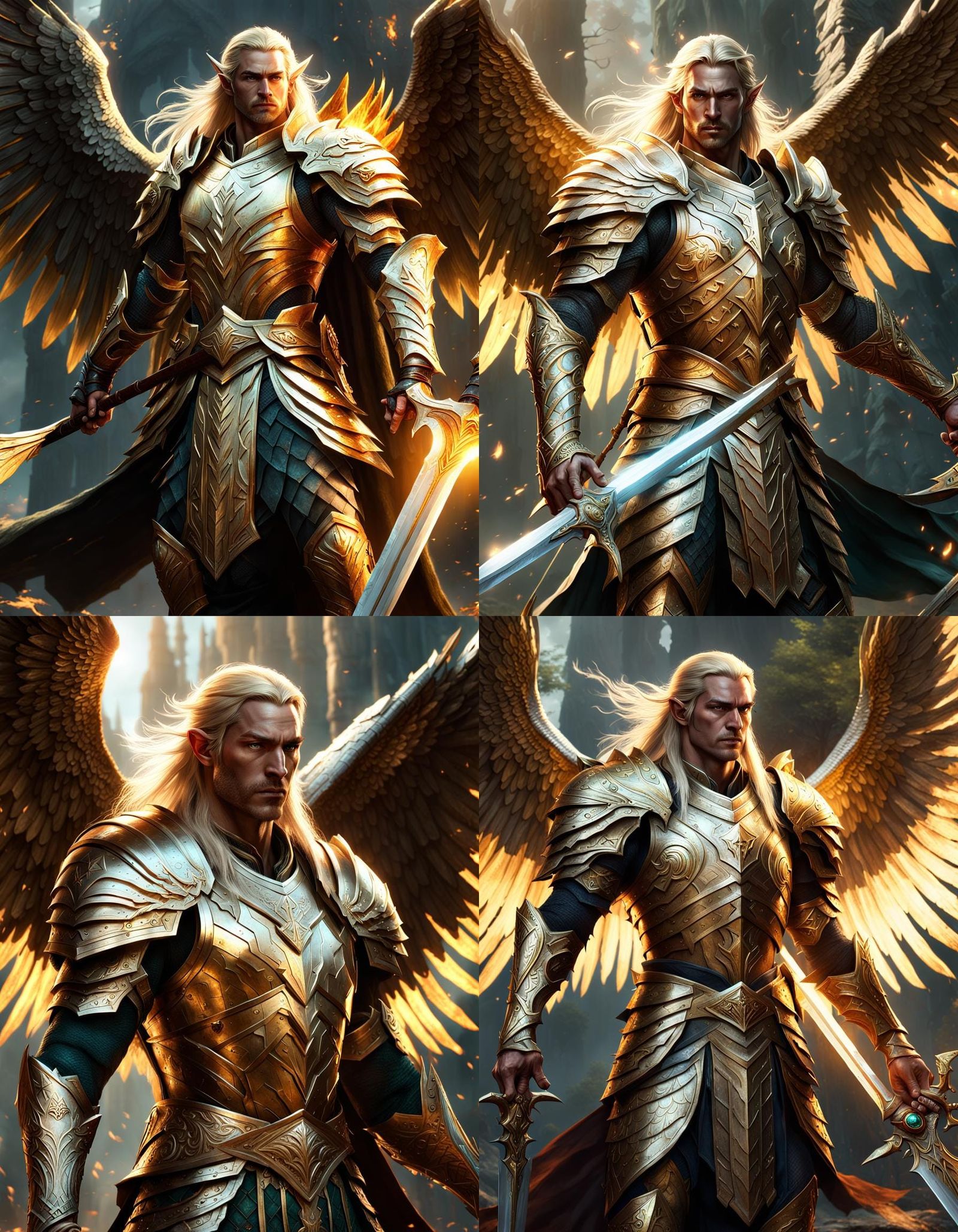 A heroic, youthful elven God wearing bright powerful armor with eagle ...