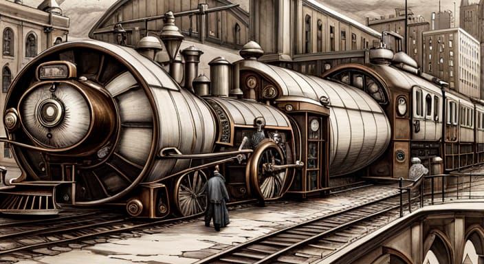 Steampunk Flying Train Contraption in the Style of... - AI Art