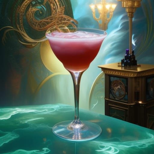 Photorealistic fantasy swirly refreshing cocktail drink in magical bar ...