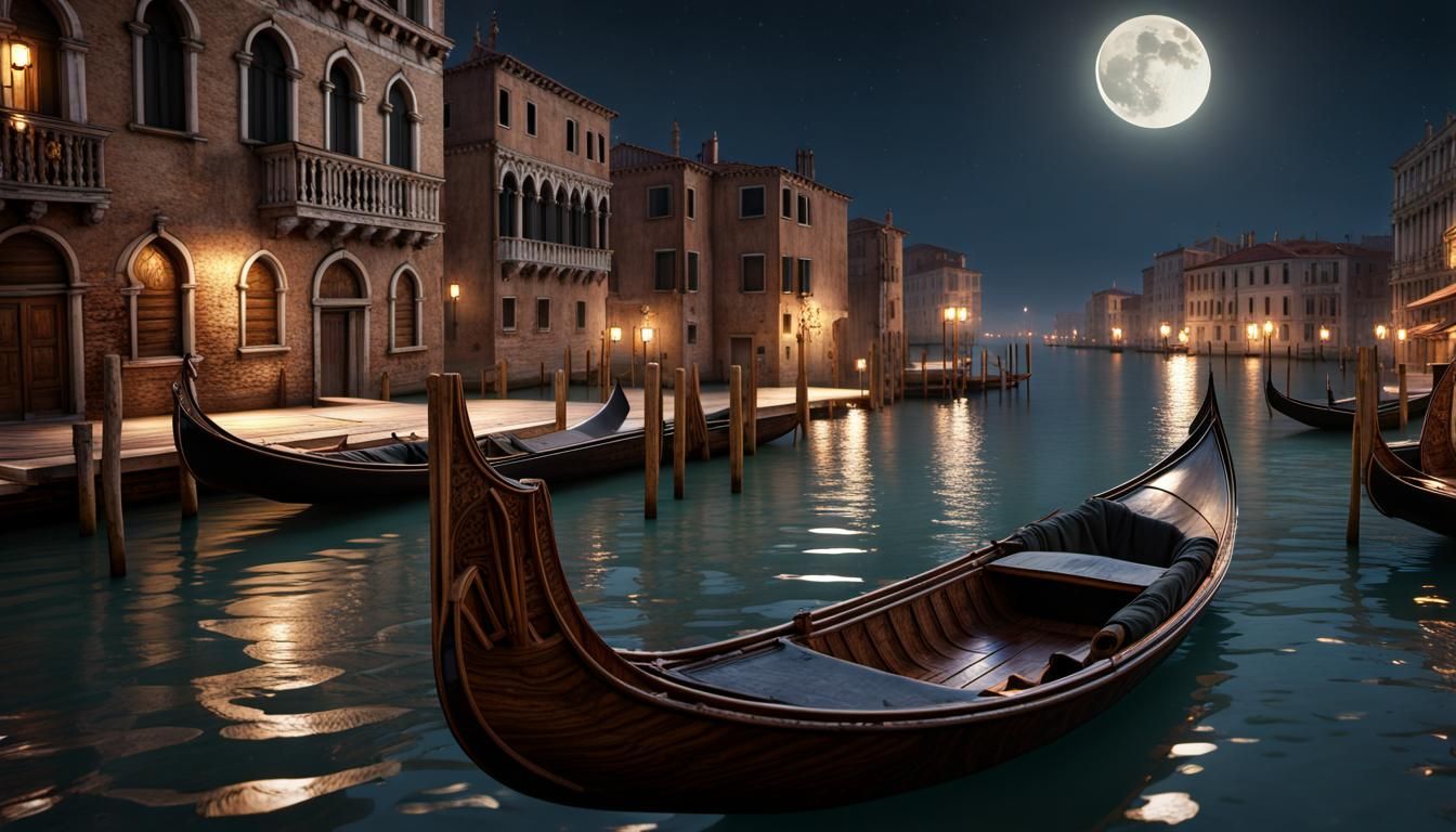 gondola carved out walnut log floating down calli in Venice,night full ...