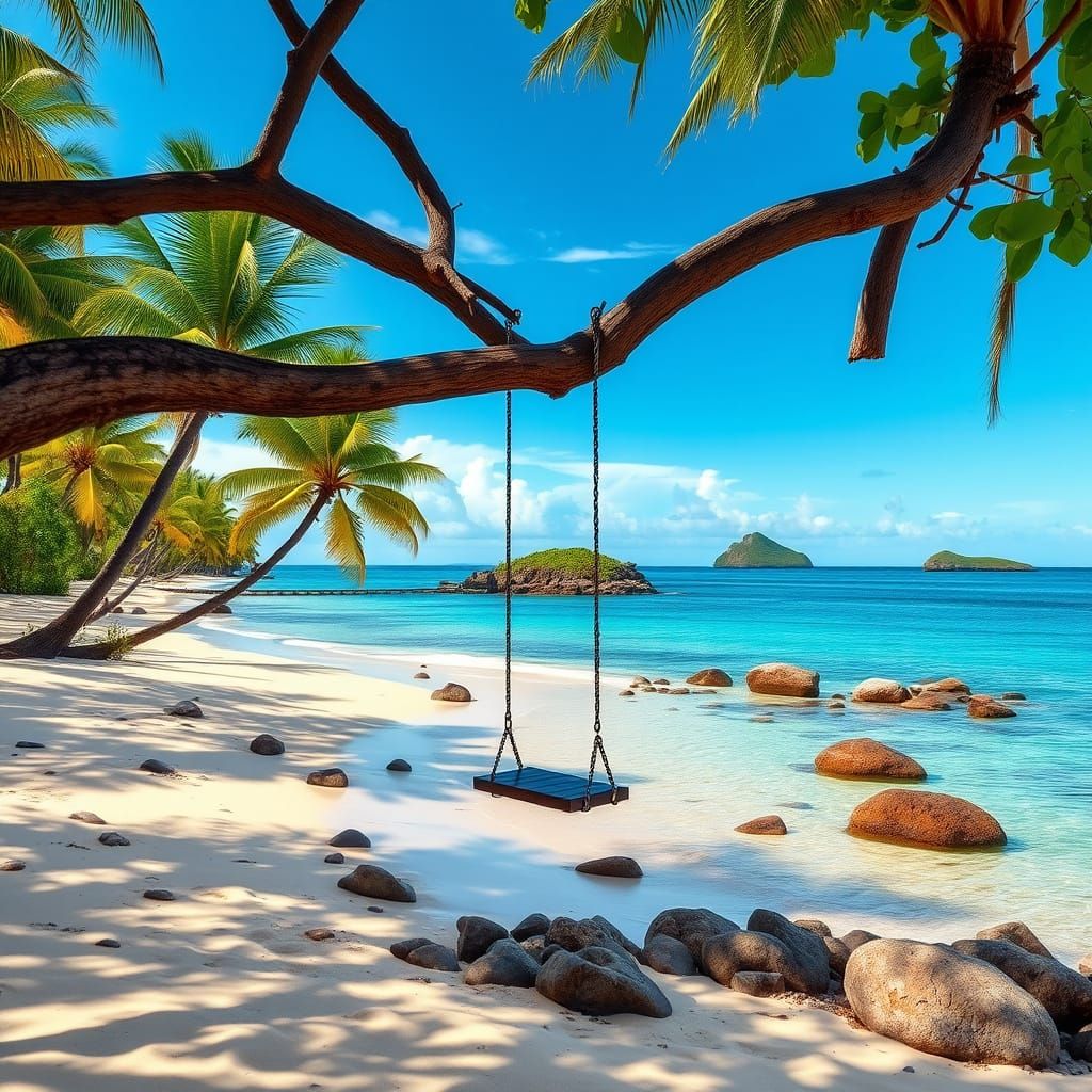 hyper realistic looking beautiful beach with palm trees some rocks and little islands are in the ...