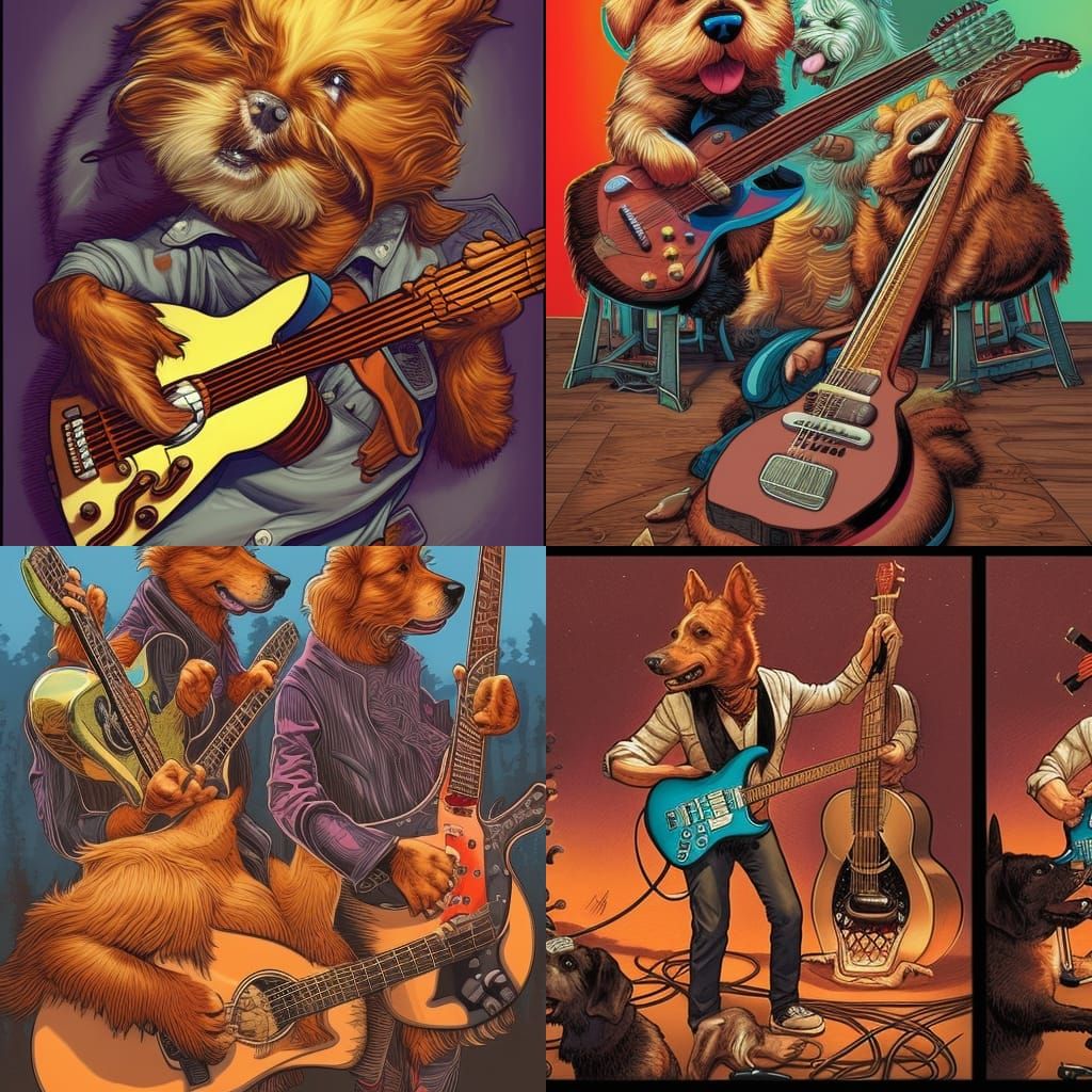 4 dogs playing guitars in a band - AI Generated Artwork - NightCafe Creator