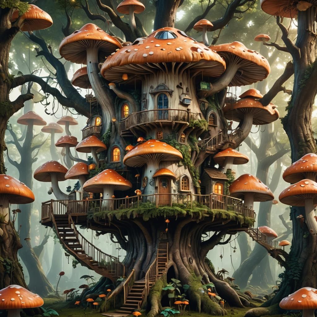Mushroom treehouse - AI Generated Artwork - NightCafe Creator