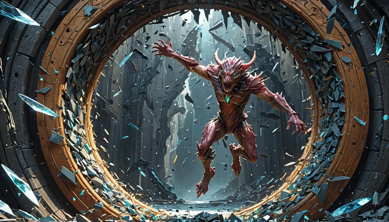 A fantasy creature leaps through a portal which shatters like glass ...