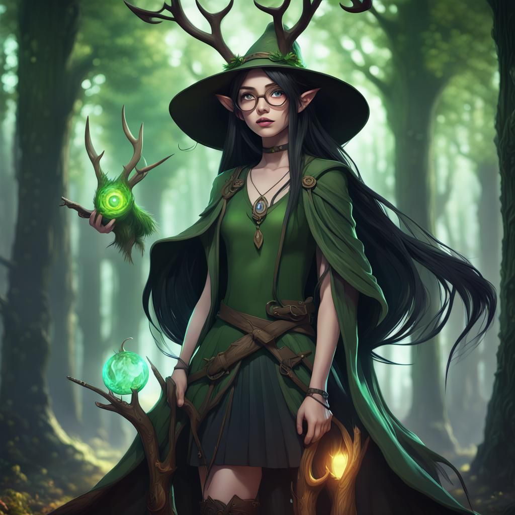 "glasses girl, black hair, green eyes, smirking, anime, witch hat ...