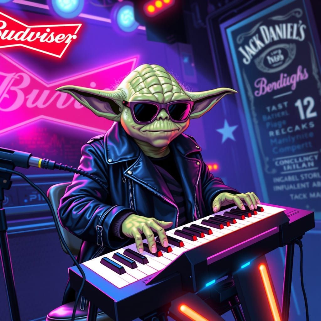Yoda, clad in a black leather jacket and shades, sits at a sleek, neon ...