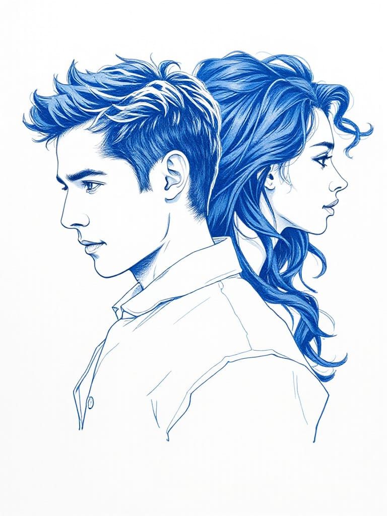 Minimalist Fantasy Figures in Blue Pen Sketch - AI Art