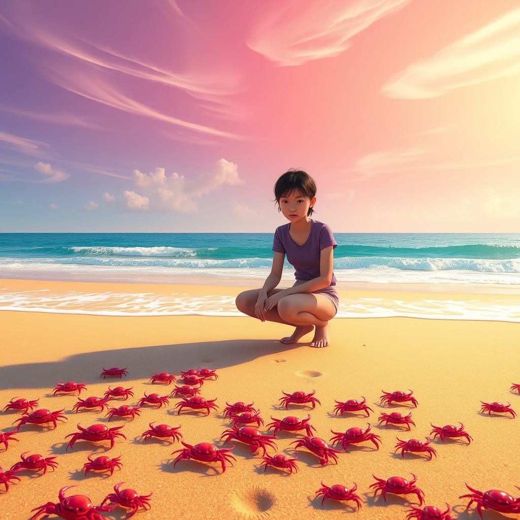 Sad and lonely girl on beach! - Serene Beach Scene with Adol...