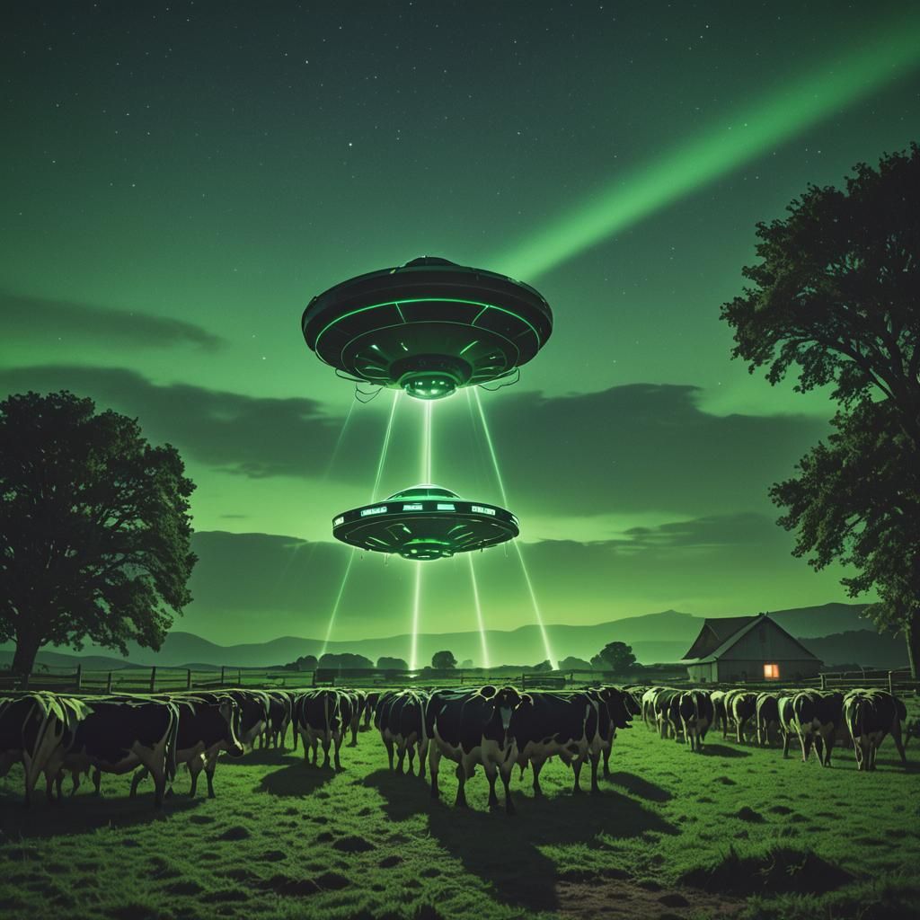 ufo abducting cows in farm - AI Generated Artwork - NightCafe Creator