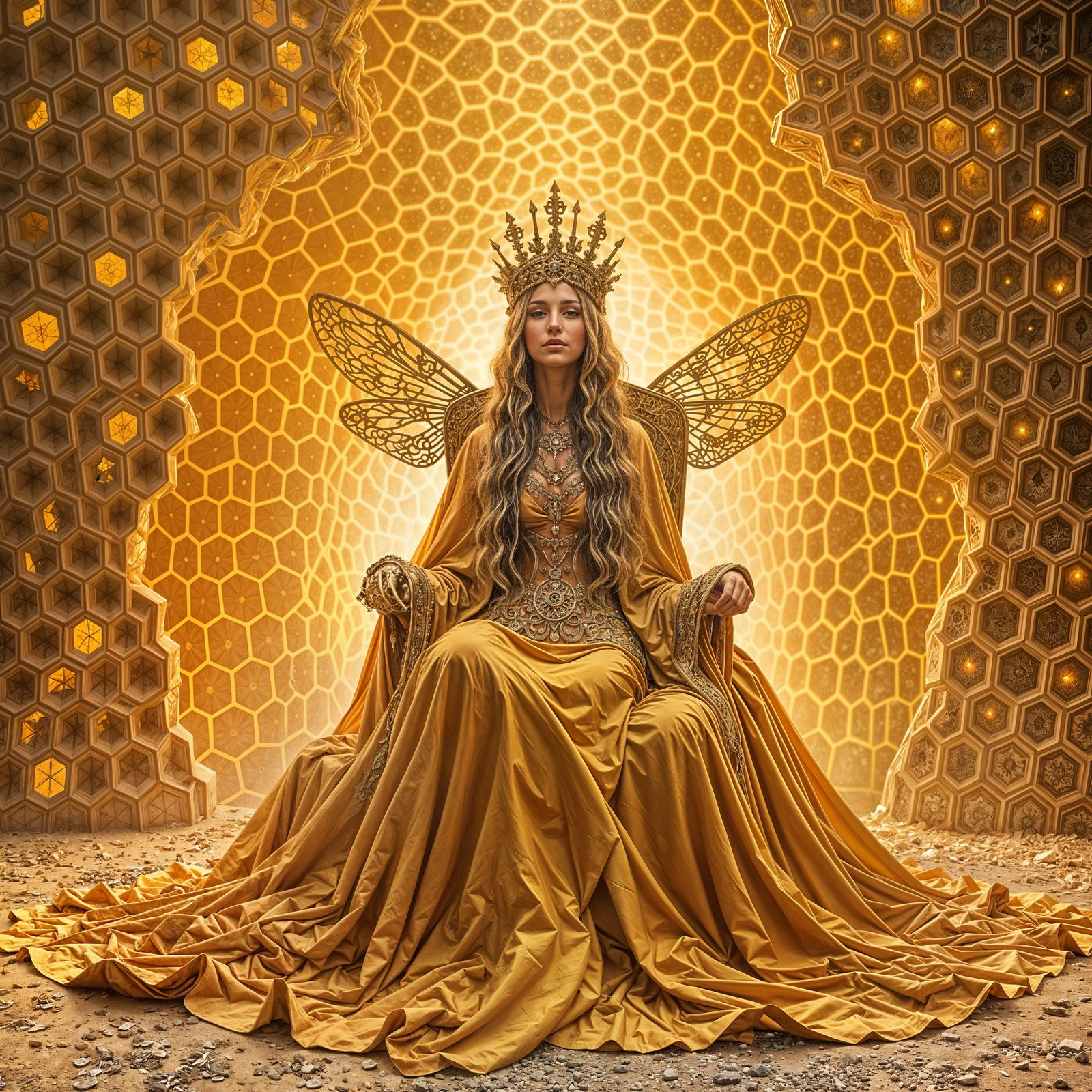 Queen Bee - Regal Queen Bee Goddess in Golden Watercolor