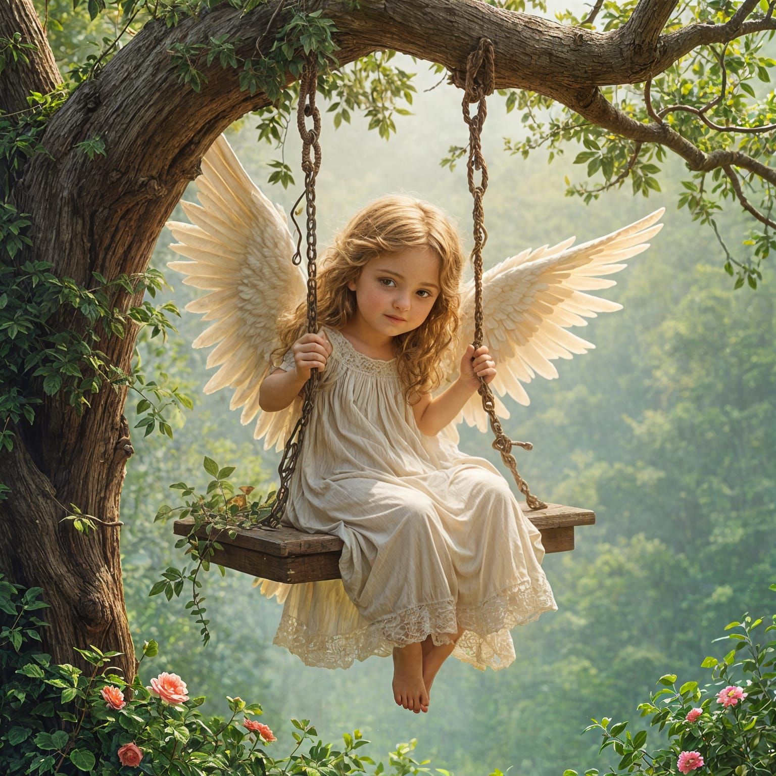 19th century postcard of angel sitting on a swing