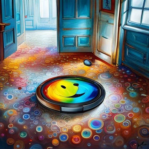 ROOMBA with smiley face painting floor beautifully with colorful ...