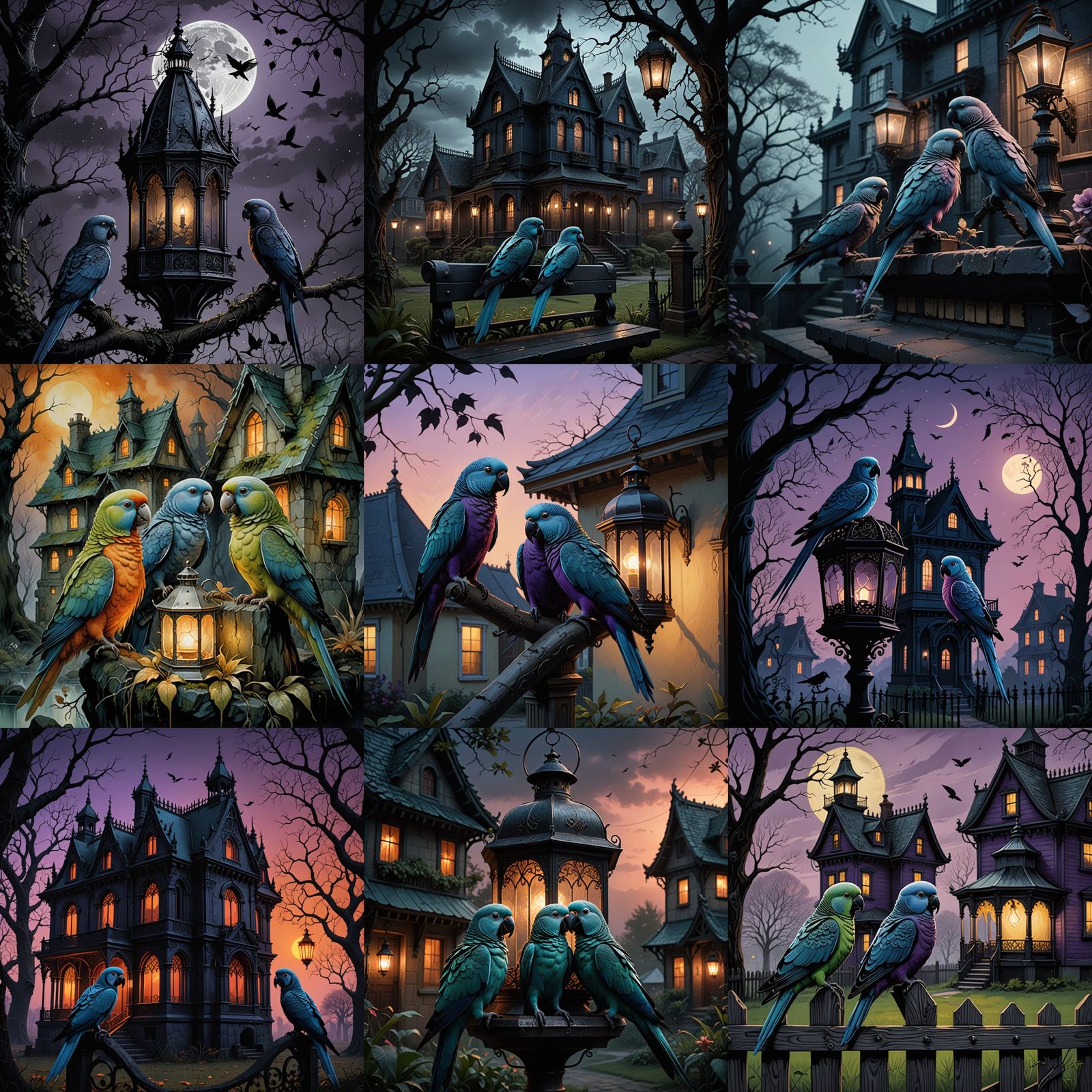 Goth Parakeets at Twilight - AI Art