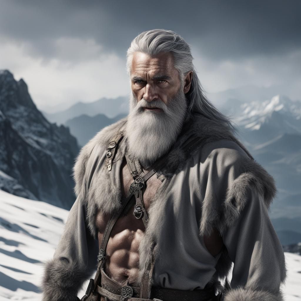 silver grey hair, barbarian, bearded, sword, fur, dusty, battered, snow ...