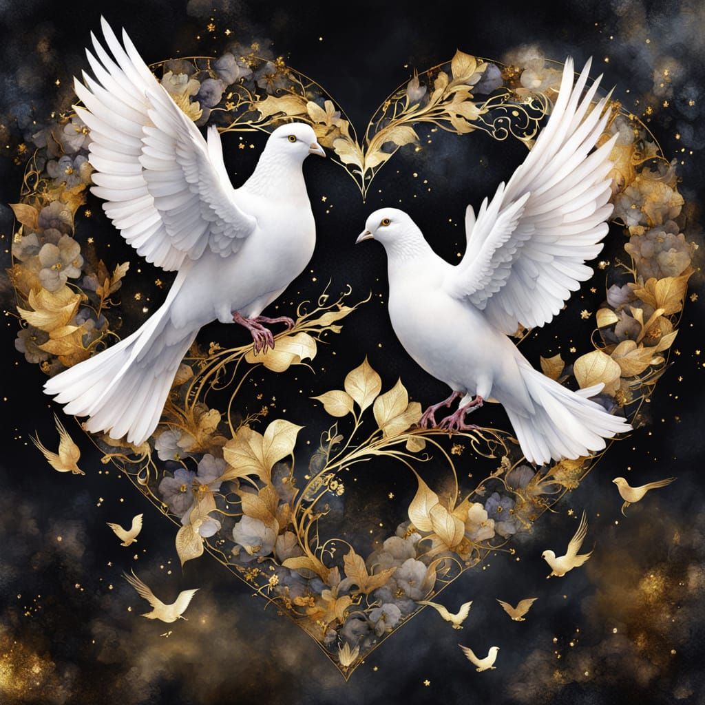 Doves in Gold and Black - Ethereal Royal Doves in Golden Glo...