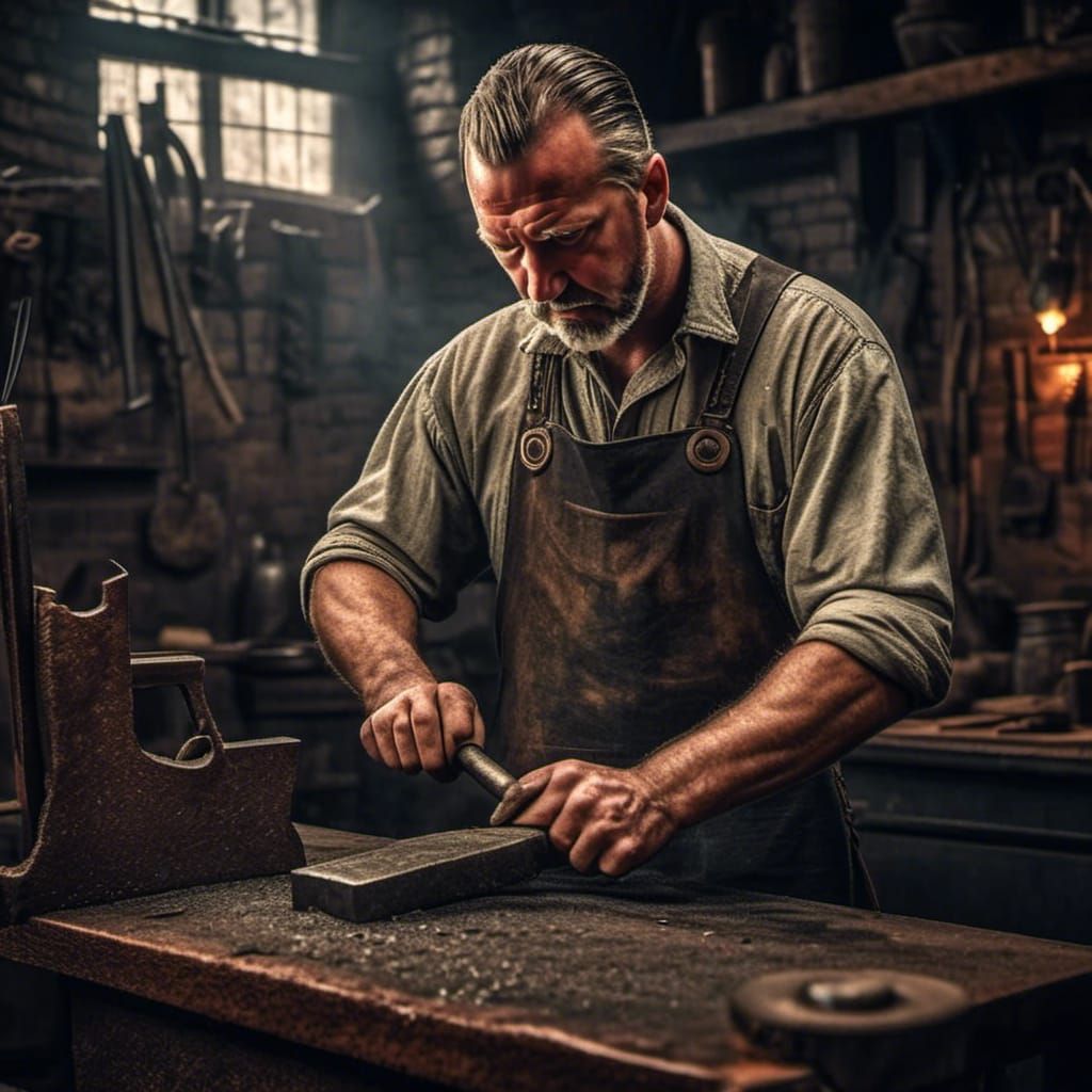 Blacksmith forging with a hammer on a anvil fantasy, perfect eyes ...