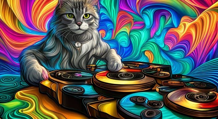 Psychedelic DJ Cat at Rave - AI Generated Artwork - NightCafe Creator