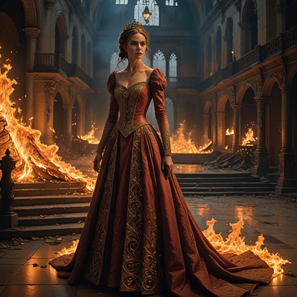 The Stepmother Confronts a Fiery Ruin in a Hauntin... - AI Art