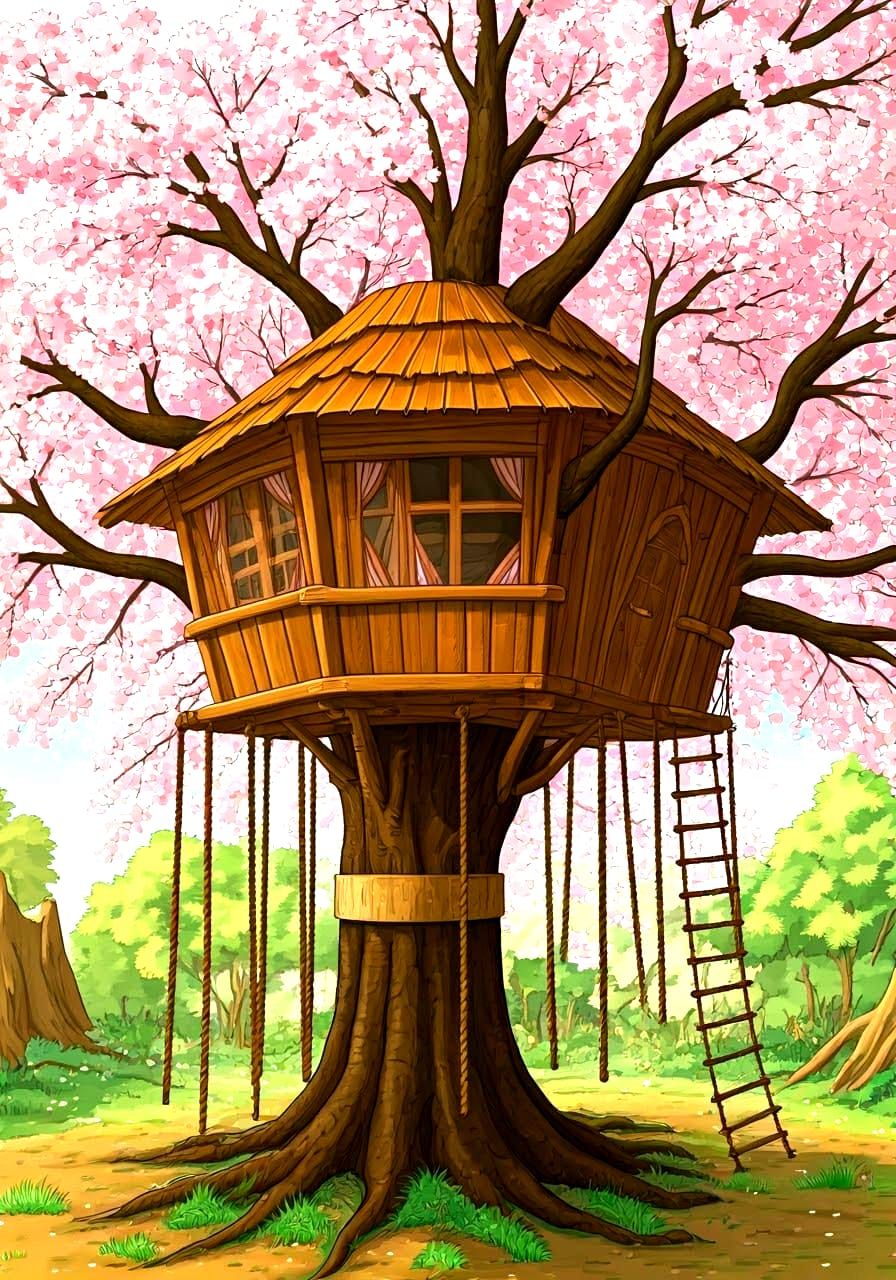 Surreal Cherry Blossom Treehouse in Whimsical Wood... - AI Art