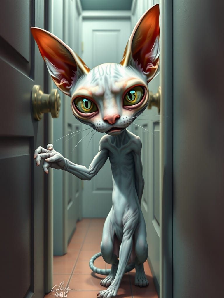 Cartoon masterpiece. An ugly skinny cross-eyed adult albino sphynx cat ...