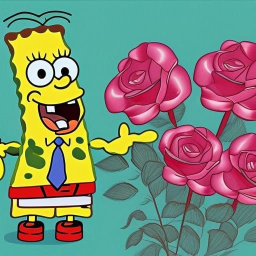 Spongebob holding a bouquet of roses hyperrealism - AI Generated ...