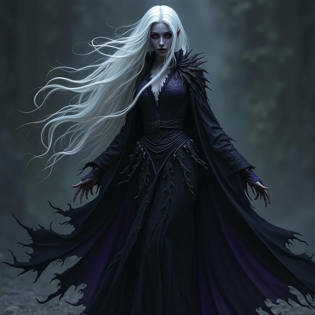 Female Drow Elf, white long wavy hair, dark gray skin, Cleric of Lolth ...