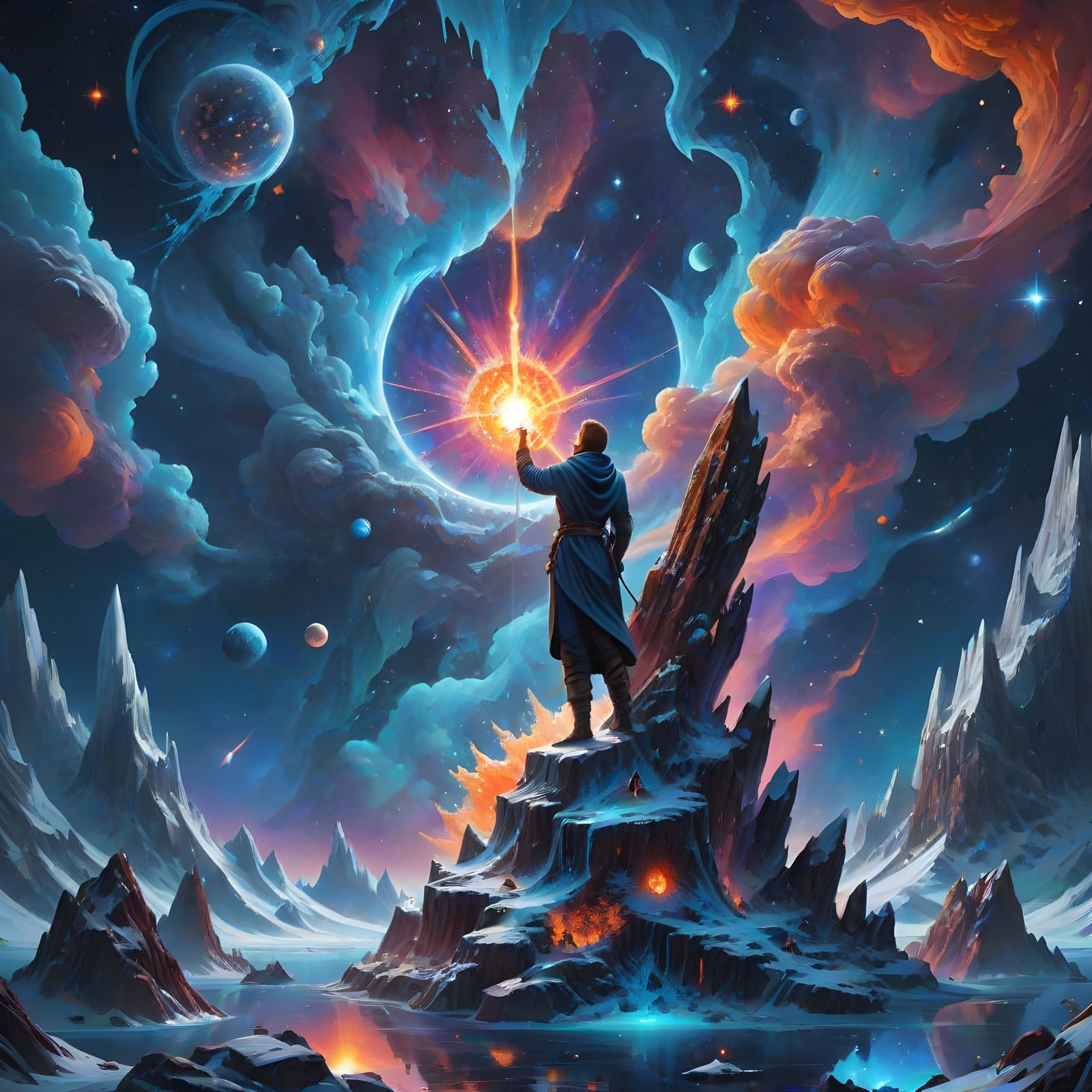 A cosmic artisan hammers nebulae into glowing statues atop a platform ...