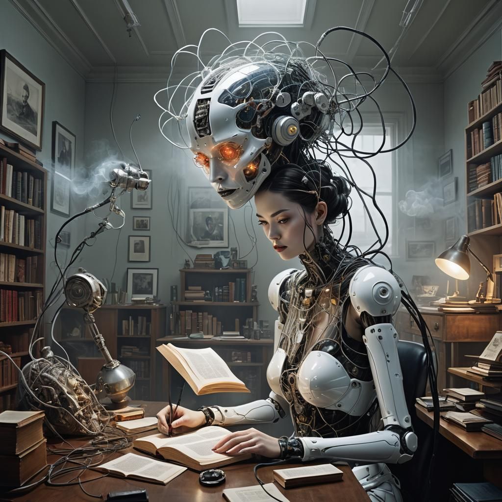 Body portrait photography, in a smoke-filled office full of cables and ...