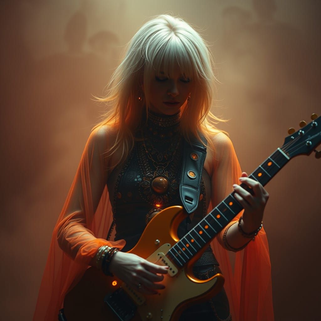 Blonde female Dino-roni lead singer guitarist, the fog reflects orange ...