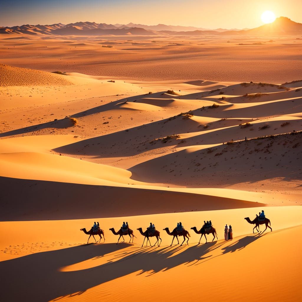 Ships of the desert - Camels Crossing the Golden Desert Sun...