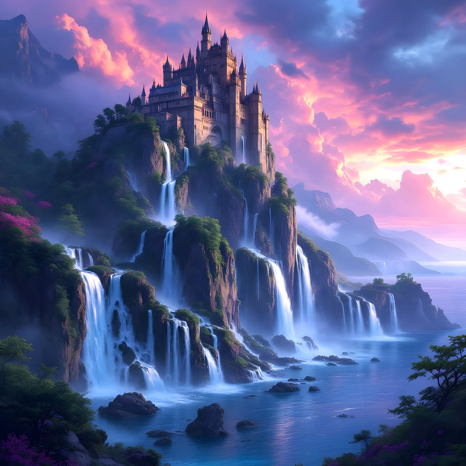 Epic Waterfall Castle Scene in Vibrant Digital Ill... - AI Art