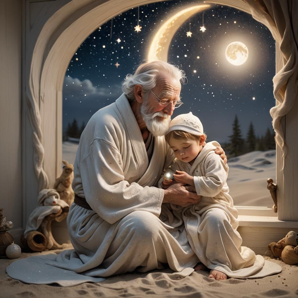 Mr. Sandman, a kind old man with a twinkle in his eye, wears a robe and nightcap made of ...