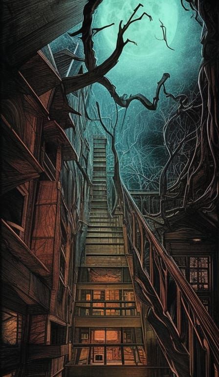 The stairs creaked in the moonlight: 32k 3d, 3d shading, vray, studio ...