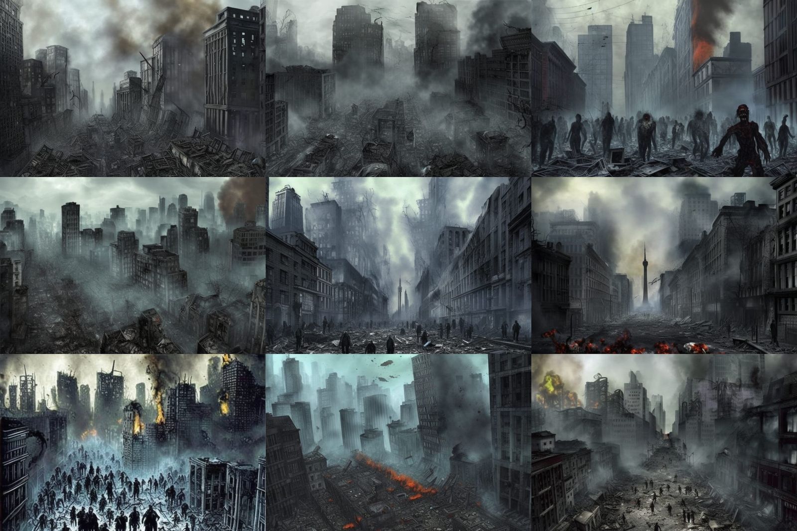 Apocalypse in city with destroyed buildings, broken houses and office ...