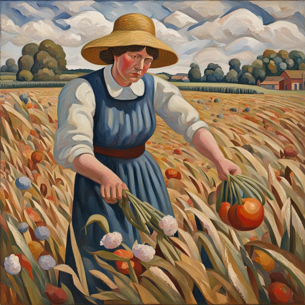 Style of Stanley Spencer, Ruth gleaning in a field - AI Generated ...