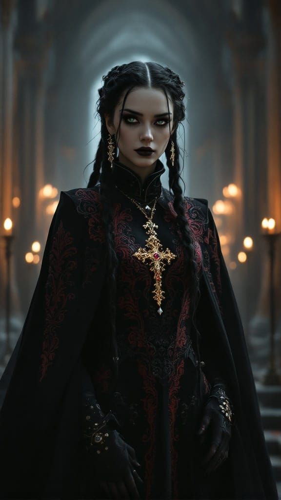 "Gothic High Priestess in a Candlelit Cathedral"