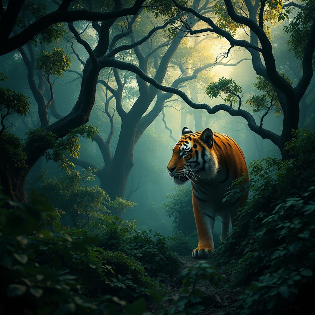 Sibirien tiger hiding in the densest wood. Almost ... - AI Art
