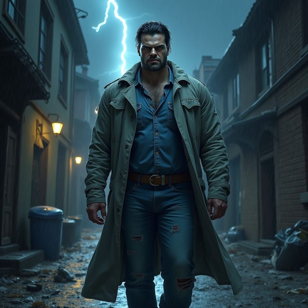 Battle-Scarred Warrior in Stormy Urban Landscape - AI Art