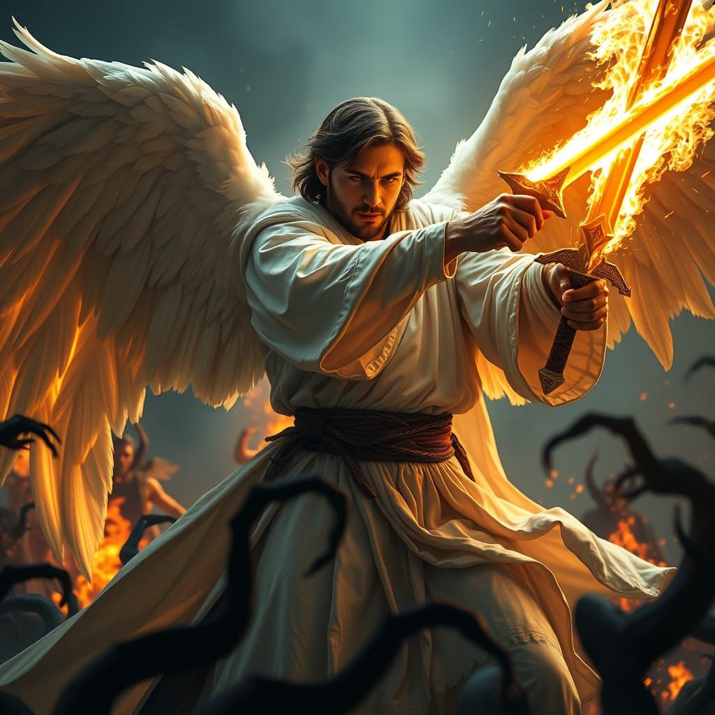 Golden Angel Gabriel Battles Dark Demons in Fiery ... - AI Art