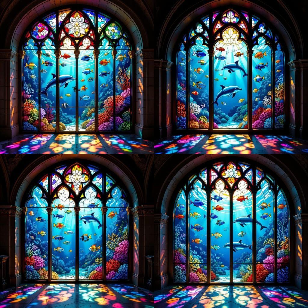 Fantastical Underwater World in Stained Glass Wind... - AI Art
