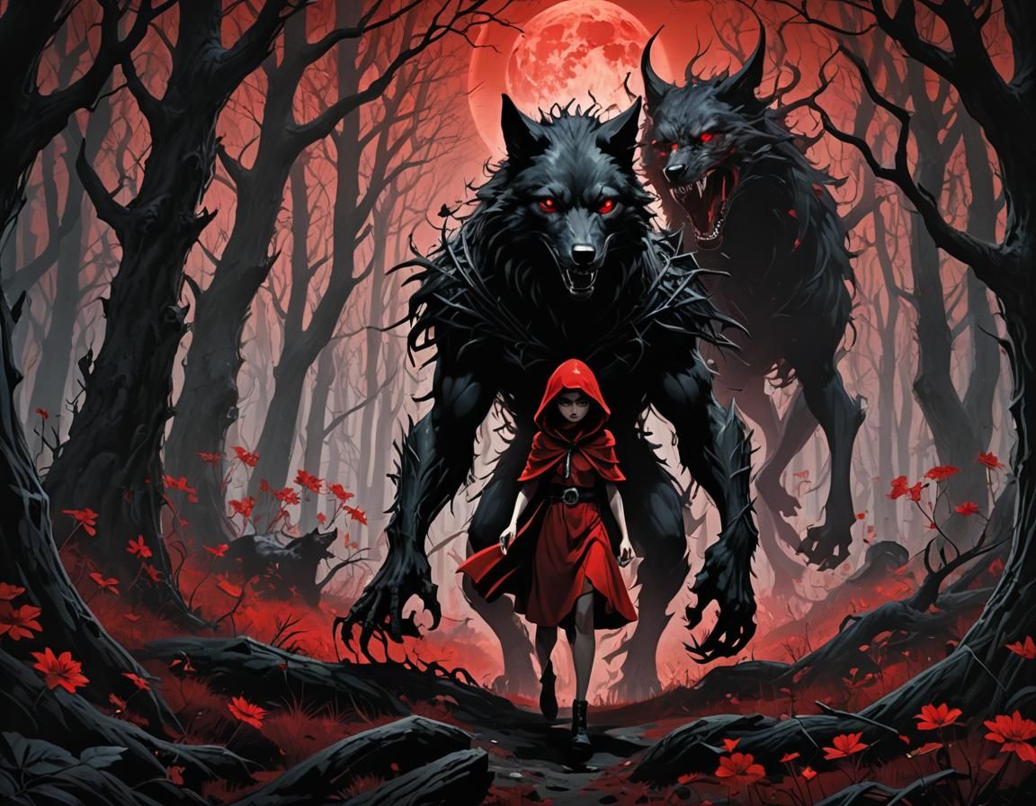(macabre dark fantasy art of a Little Red Riding Hood meets a evil ...