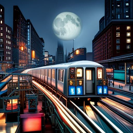 A busy New York Subway against a backdrop of Manhattan bright lights at ...