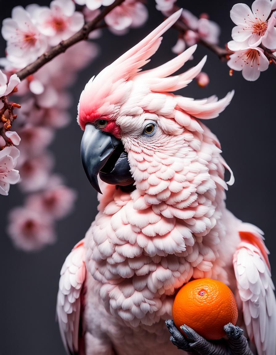 Microphotograph Portrait: magical pink feathered cockatoo holding an ...