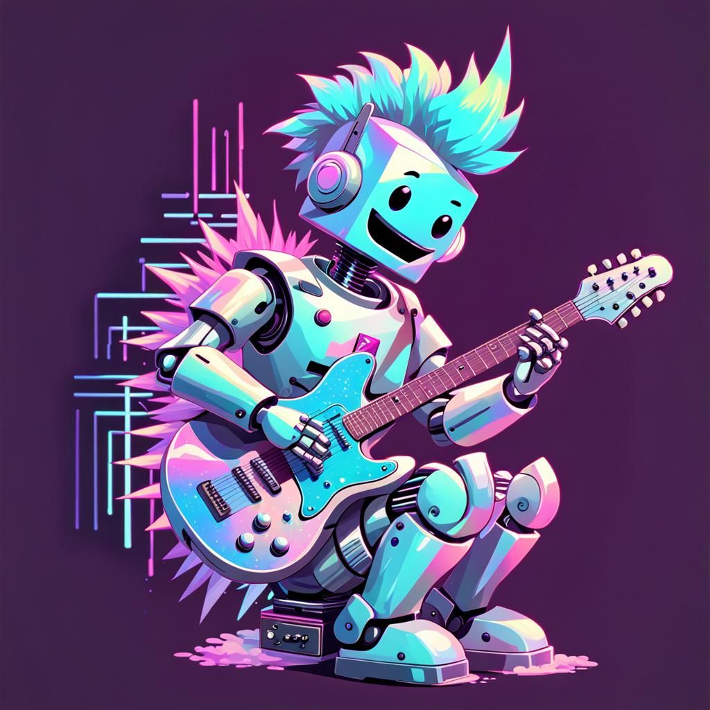 Vaporwave Robot Smiling in Holographic Harmony - AI Art