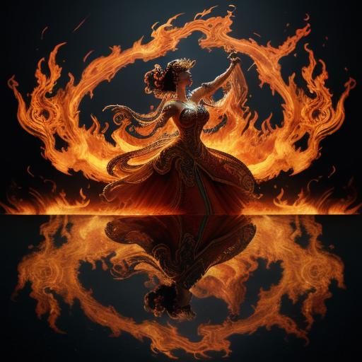 Flames , fire, plasma , dancing girl , gyrometric, highly detailed ...