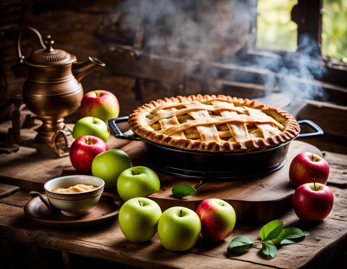 appetizing hot steaming freshly cooked apple-pie, old kitchen setting ...
