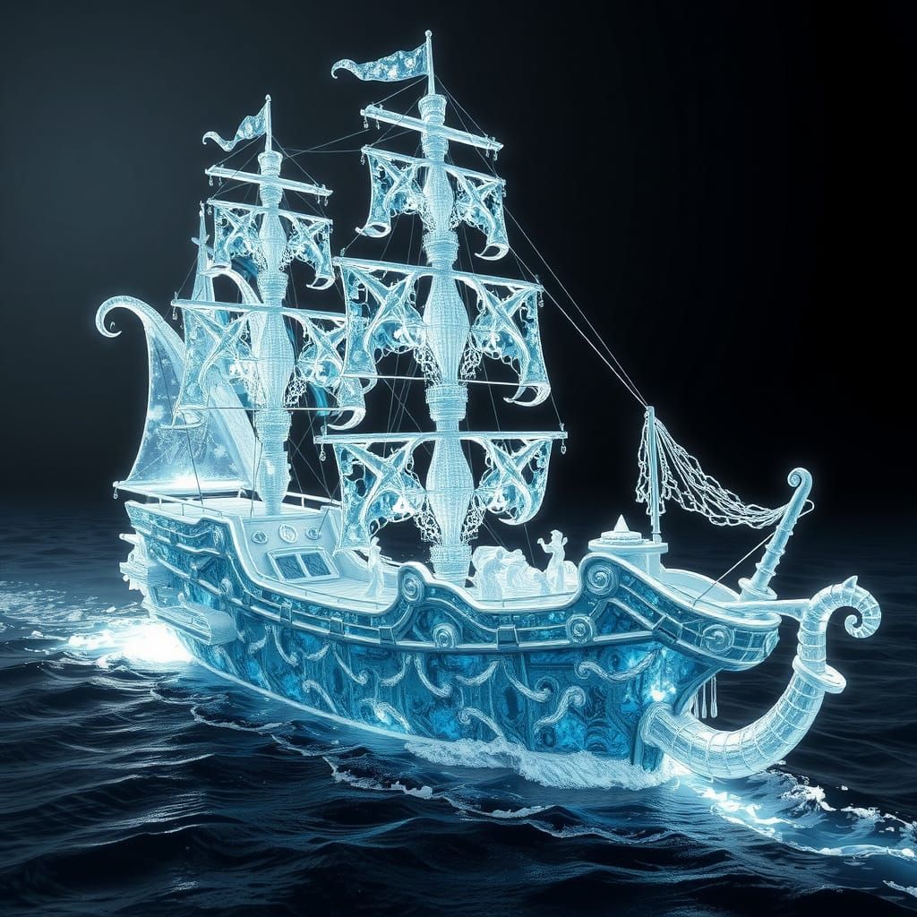 Ethereal Pirate Ship Glows with Soft, Crystal Clea... - AI Art