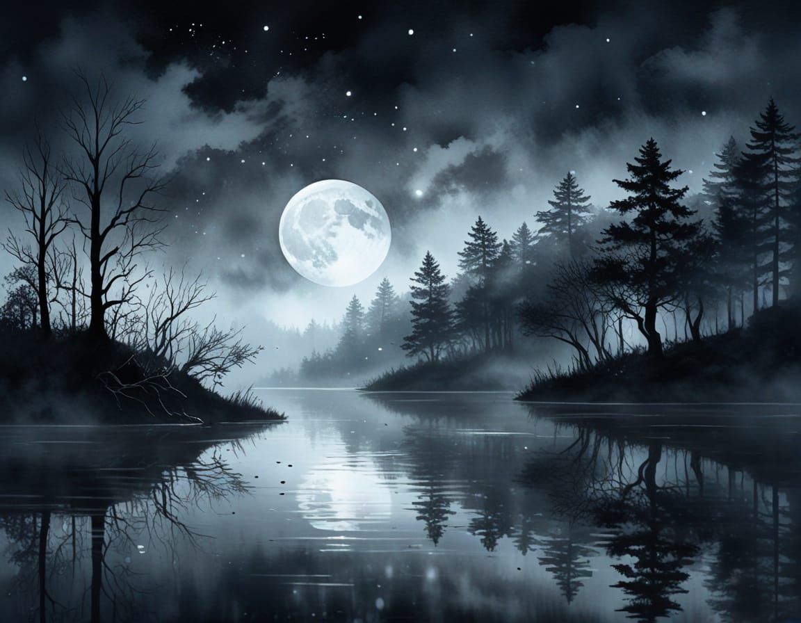 Moonlight Reflections - Moonlit Ink Painting in Soft Romanti...